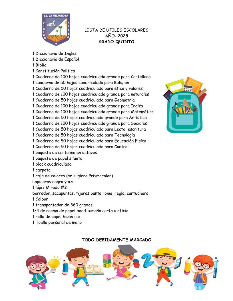 LISTA DE ÚTILES ESCOLARES 2025 – INSTITUCIÓN EDUCATIVA LA MILAGROSA PALMIRA